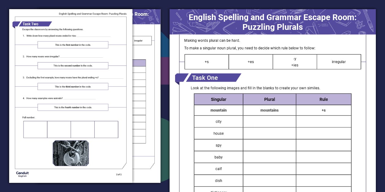 English Spelling and Grammar Escape Room: Puzzling Plurals