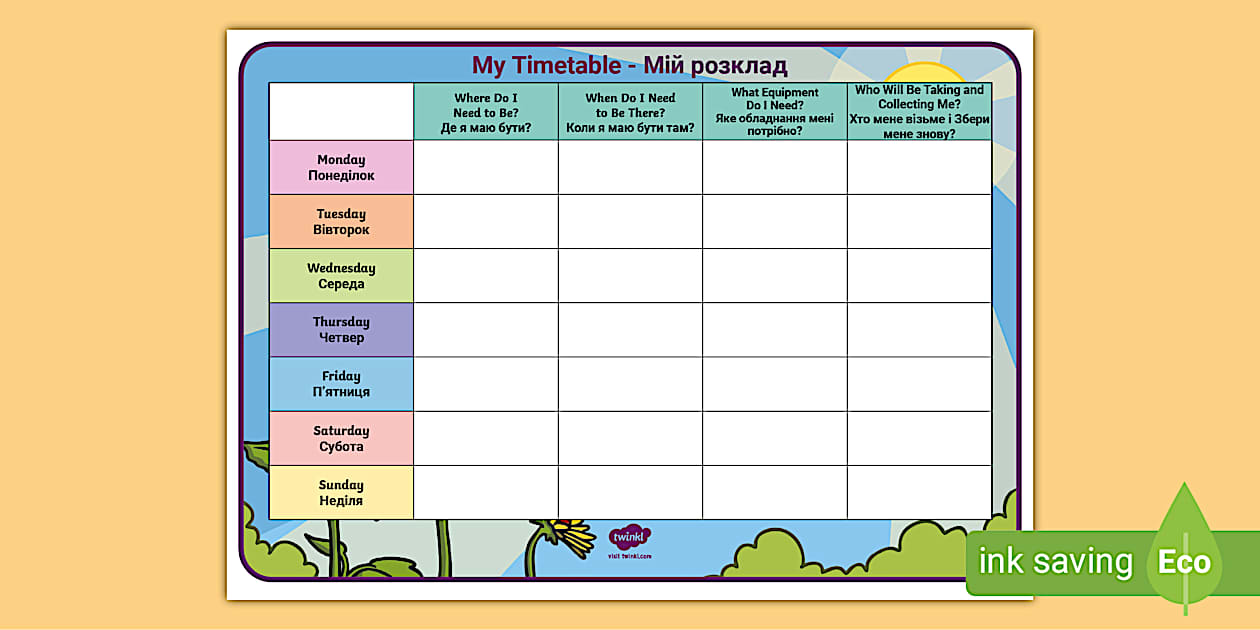 FREE! - Ukrainian Translation Young Persons Weekly Timetable