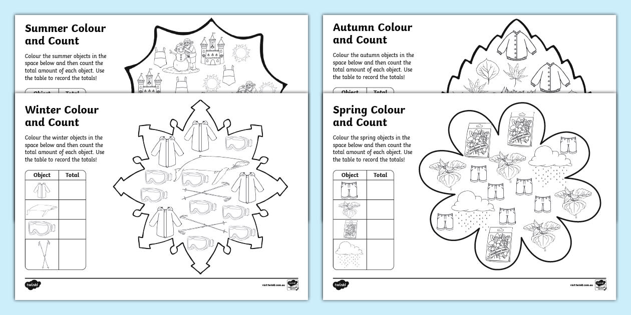 Seasons Colour and Count Worksheets (teacher made) - Twinkl