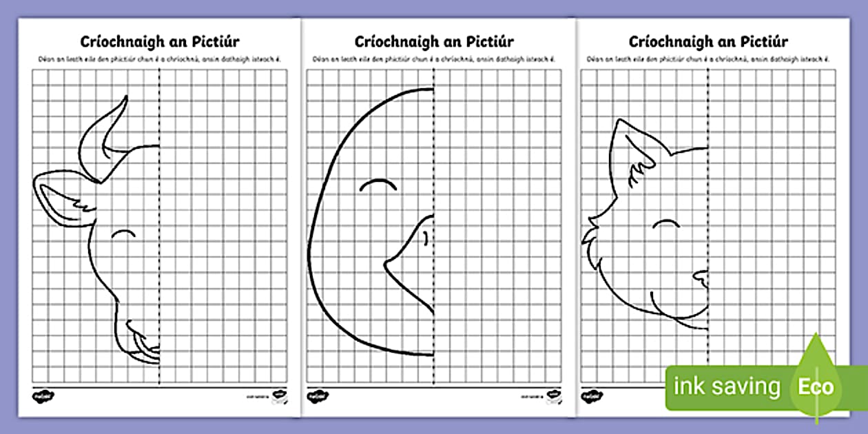 Farm Animals - Draw the Other Half Aistear Worksheet Gaeilge