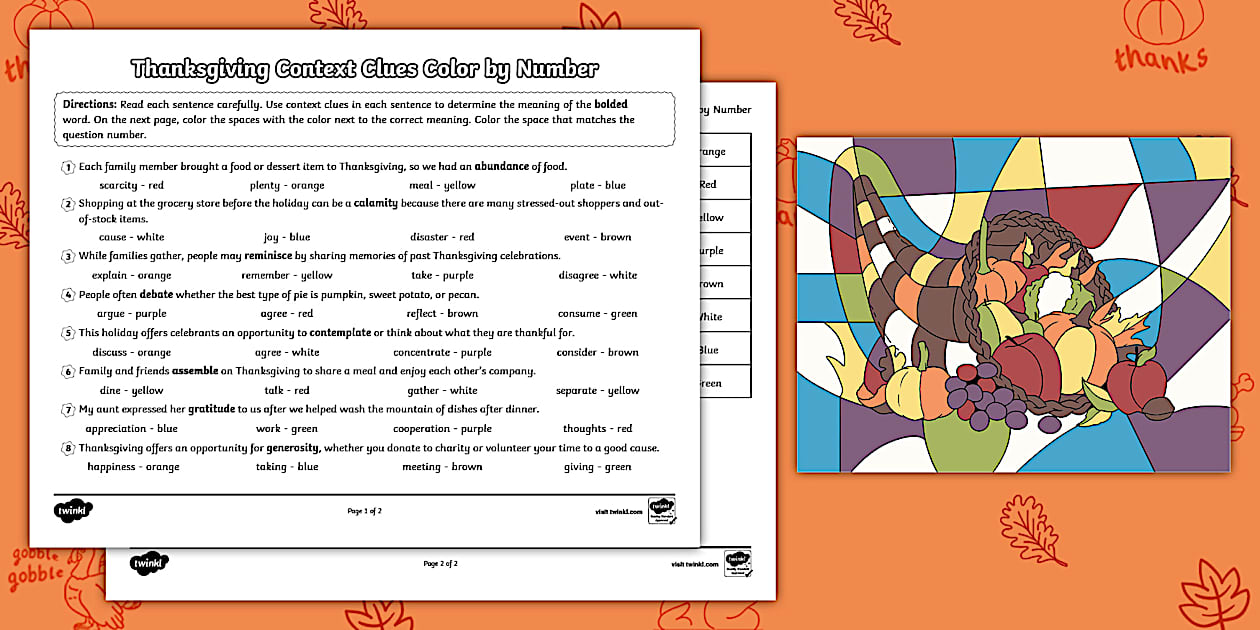 Sixth Grade Thanksgiving Context Clues Color by Number