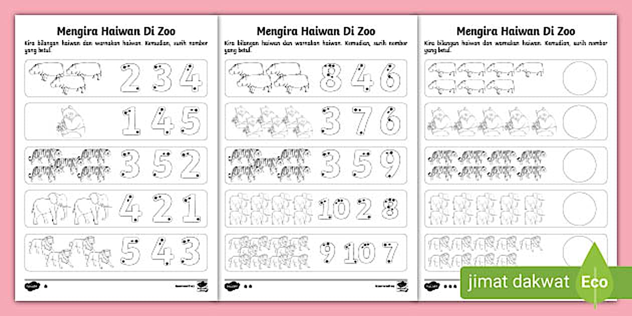 Lembaran Aktiviti Mengira Bilangan dan Mewarnakan Haiwan