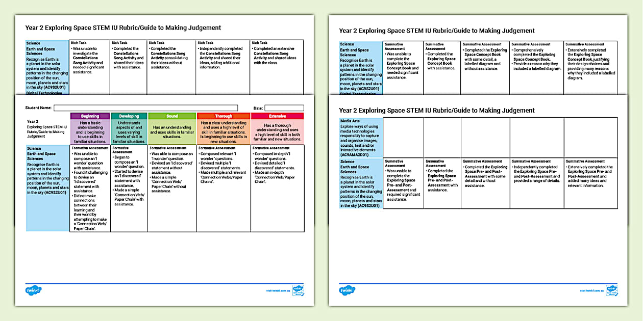 STEM IU Yr 2 Exploring Space Assessment Rubric - Twinkl