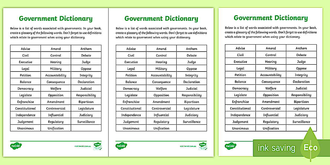 Government Dictionary Worksheet (Teacher-Made) - Twinkl