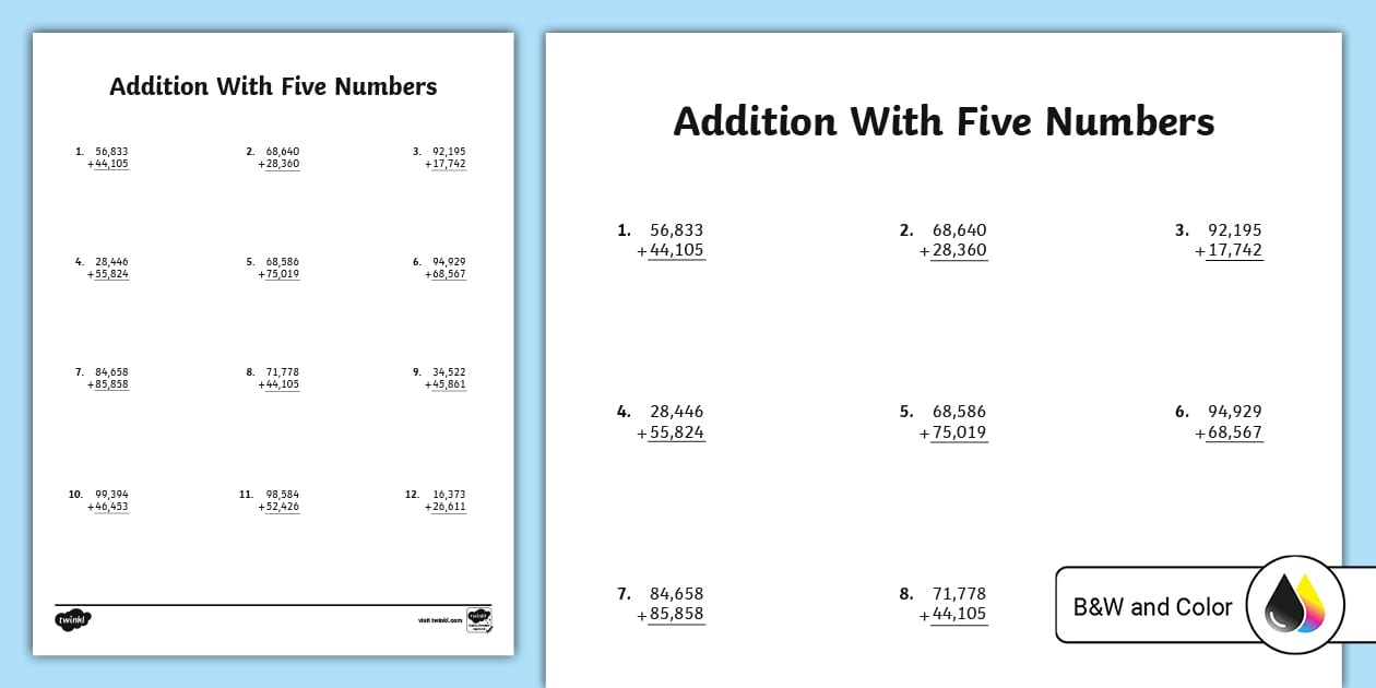 Addition With Five Numbers Worksheet (teacher made) - Twinkl