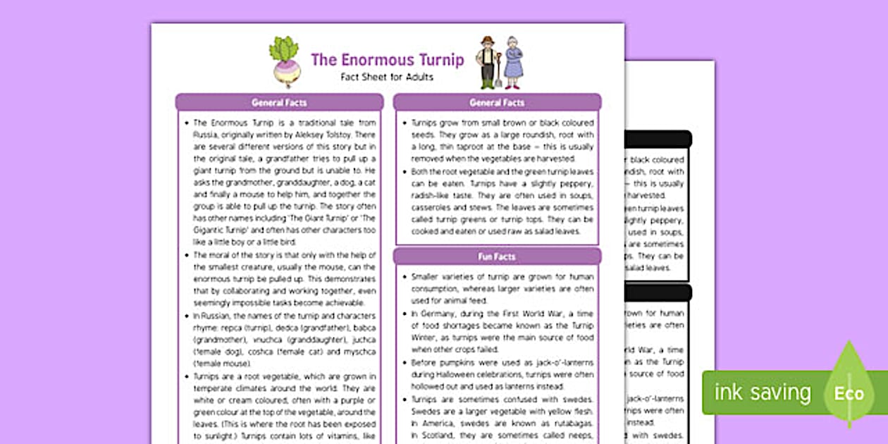 The Enormous Turnip Fact Sheet for Adults (teacher made)