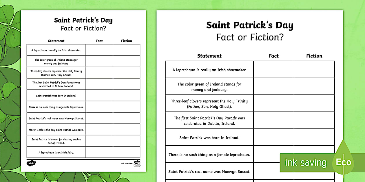 St. Patrick's Day Fact or Fiction Sorting Activity Worksheet for 3rd ...