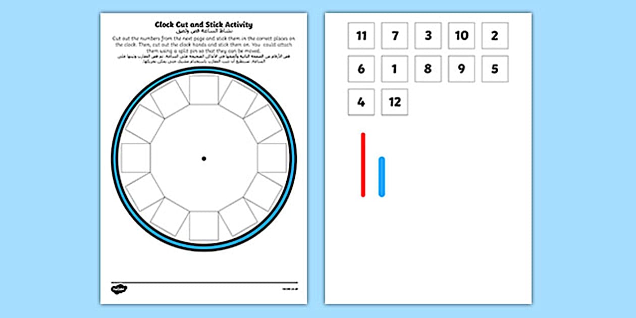 Blank Clock Cut-Out Cut and Stick Activity Arabic Translation