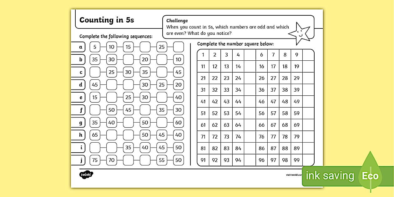 Counting in 5s Worksheet | Counting by 5's Worksheets to 100
