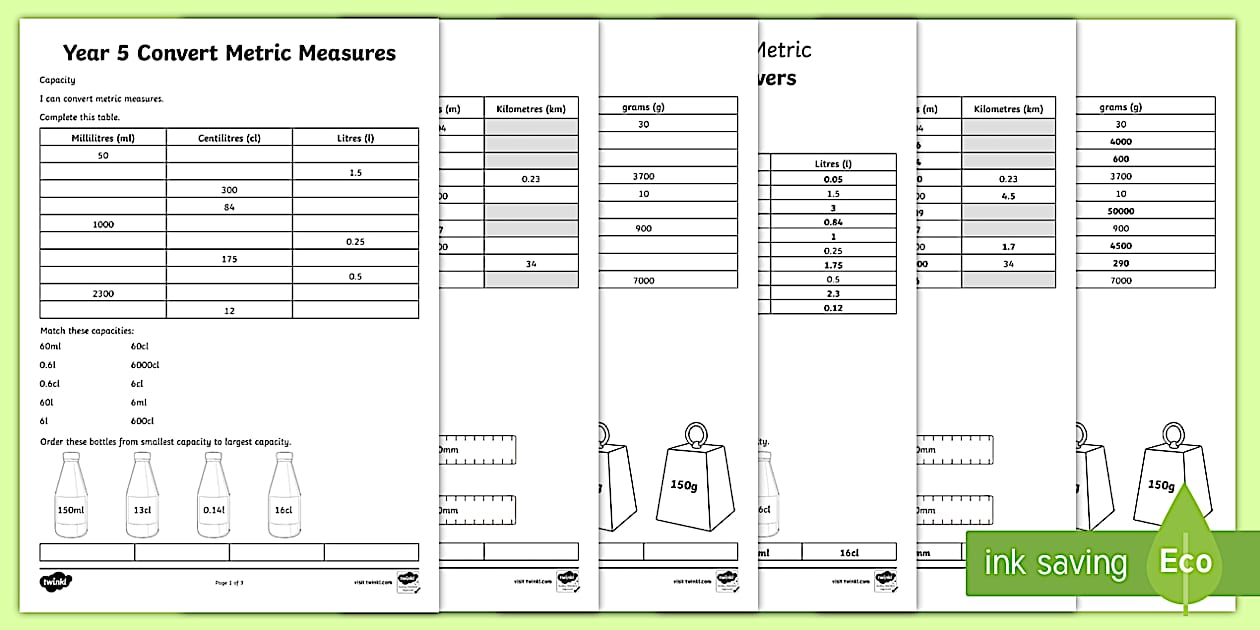 Year 5 Convert Metric Measures Worksheets - Twinkl