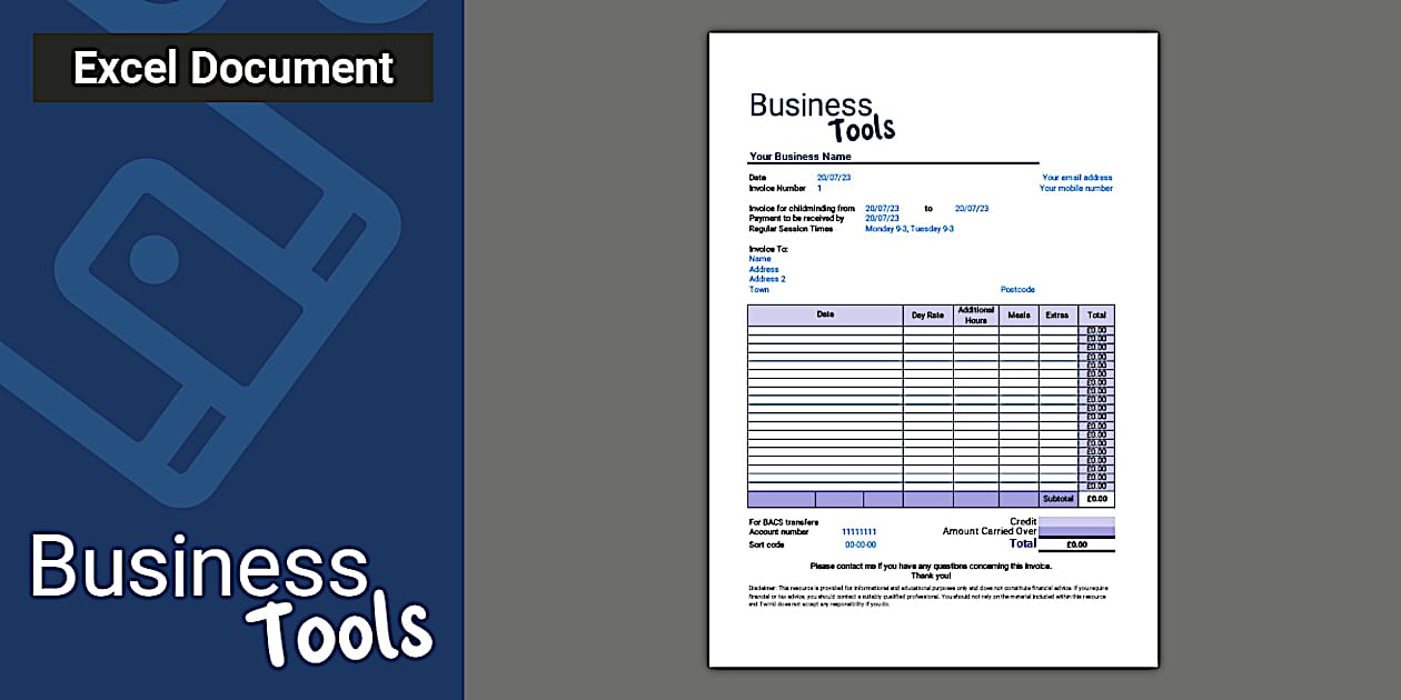Childminding Invoice Template Spreadsheet (inc. Day Rate)