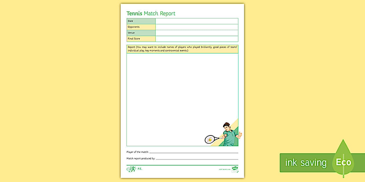 Tennis: Match Report Writing Template - Twinkl