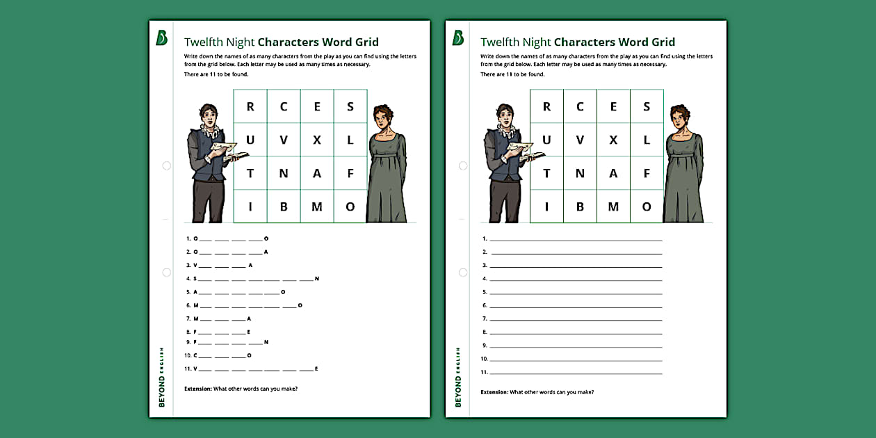 * NEW * Twelfth Night Characters Word Grid Game