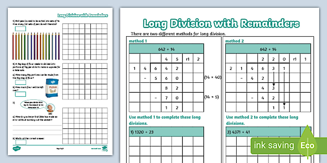 👉 Long Division with 1 & 2-digit Remainders Activity Sheet