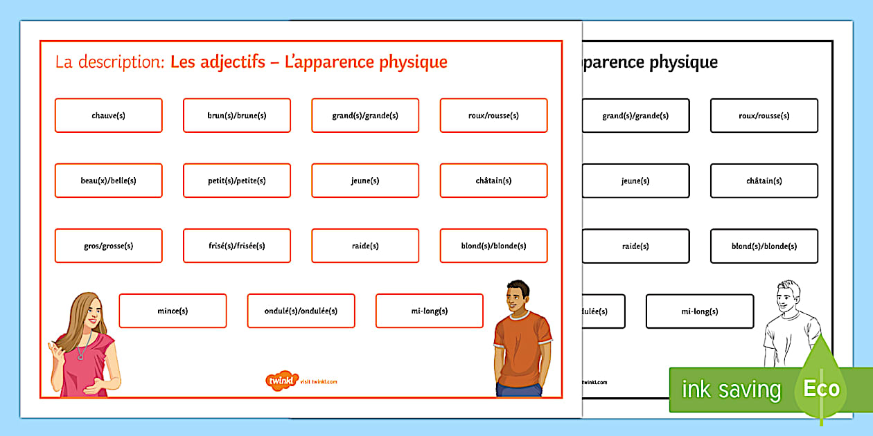 Black and White French Adjectives for Physical Description Word Mat