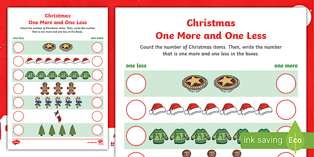 Black and White Christmas Themed One More and One Less Worksheet