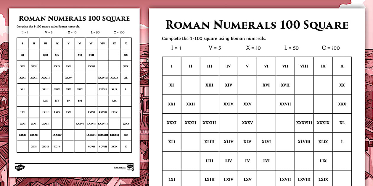 Roman Numerals Fill in the 100 Square Worksheet - Twinkl