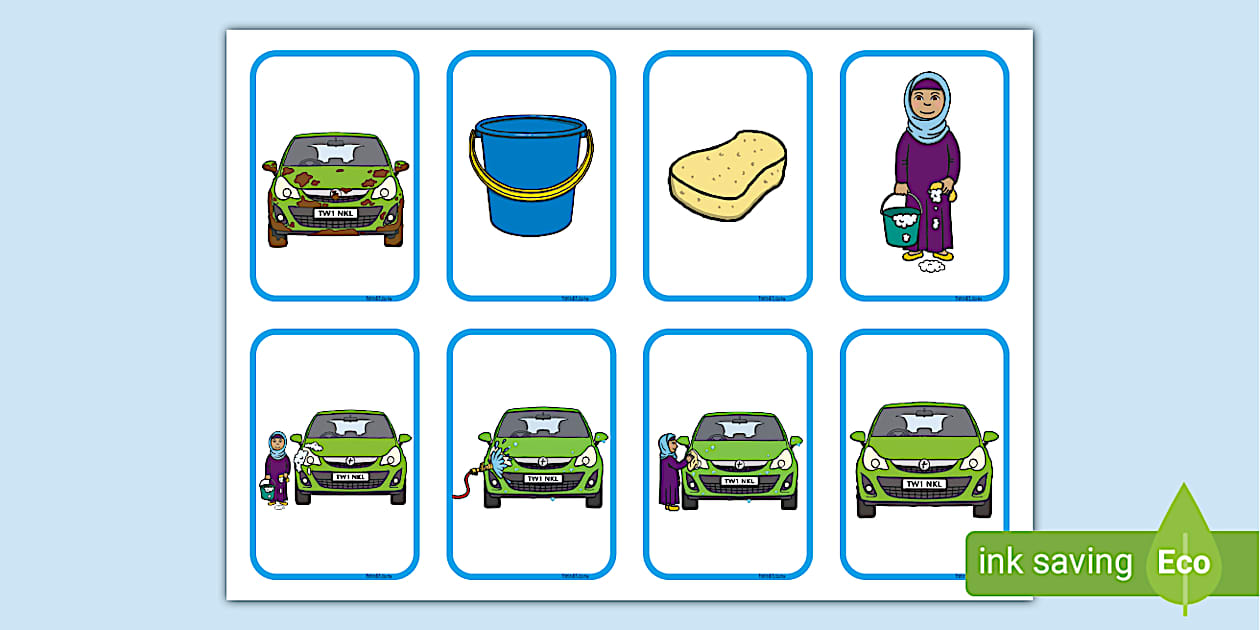 Black and White 8 Step Sequencing Cards: Washing the Car
