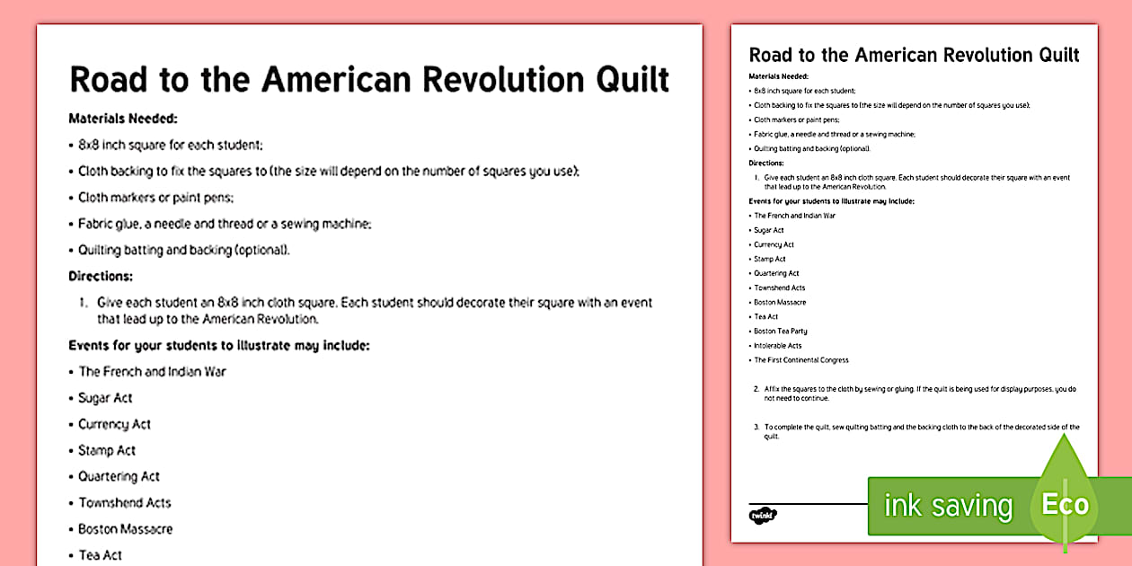Road to the American Revolution Quilt Worksheet for 3rd-5th Grade