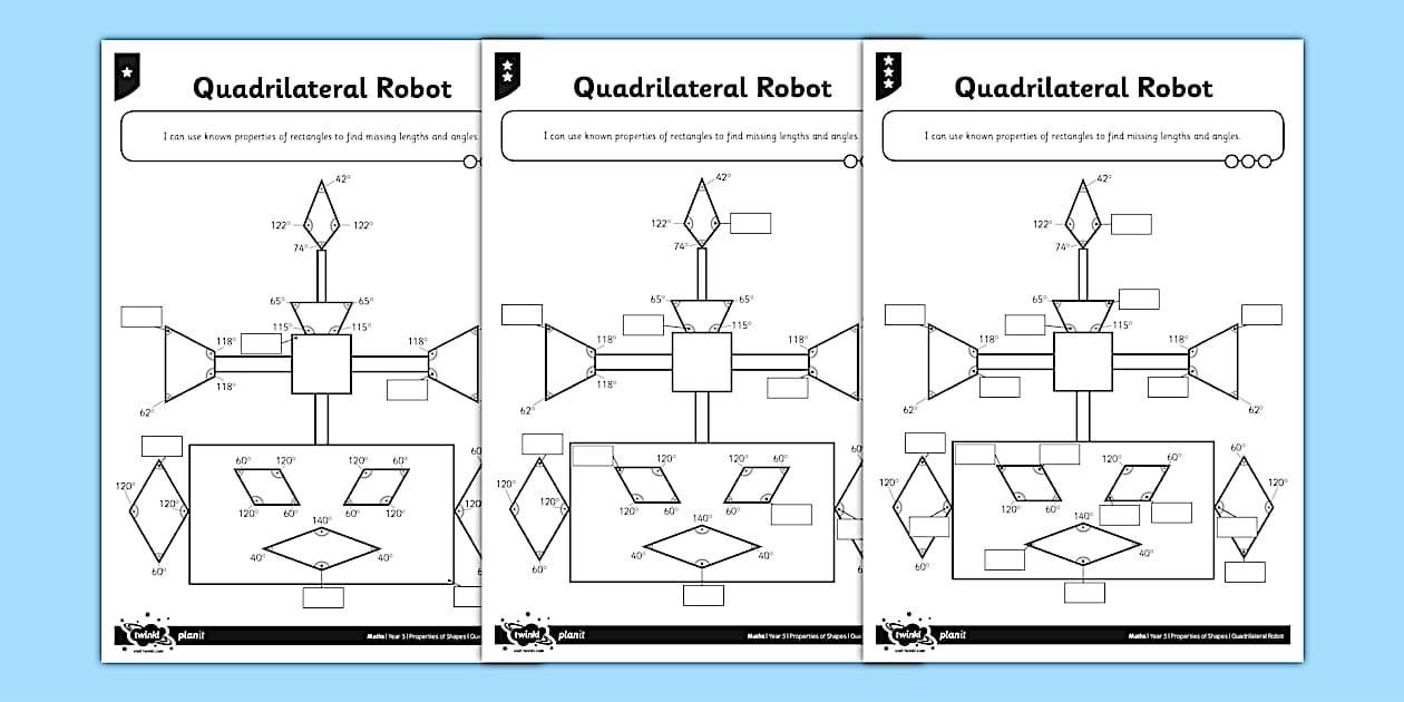 Properties of Quadrilateral Shapes Robot Worksheet - Year 5
