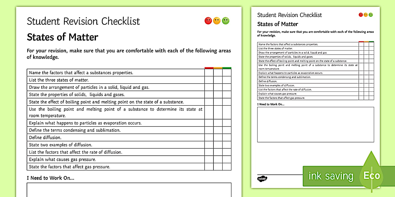 States of Matter Student Revision Checklist (teacher made)