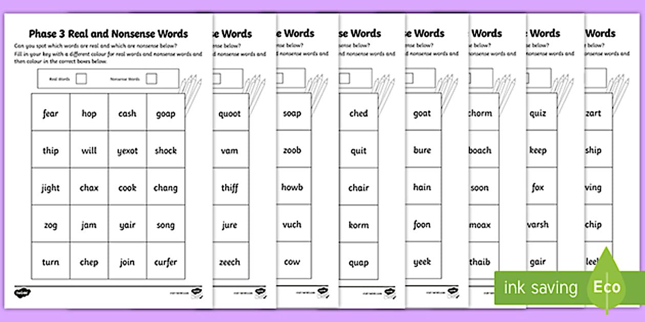 Editable Phase 3 Colour by Phoneme Real and Nonsense Words Worksheet Pack