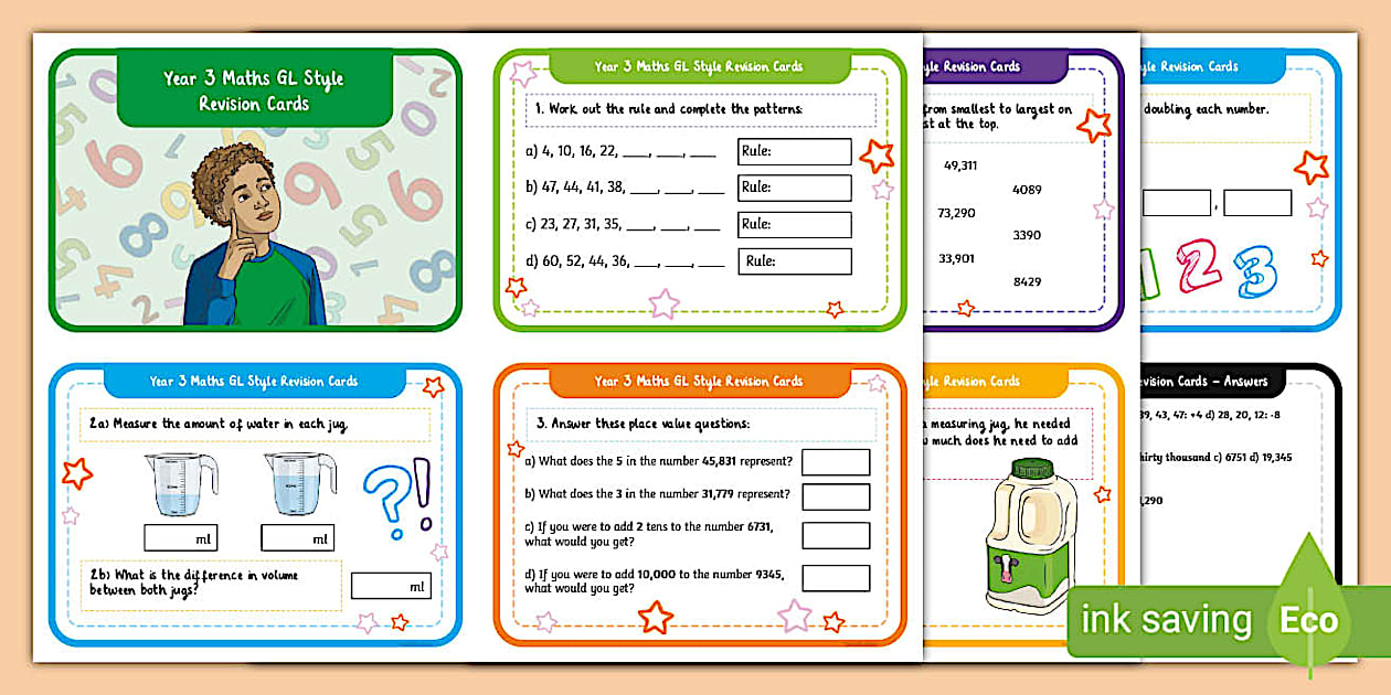 Year 3 Maths GL Style Revision Flashcards (teacher made)