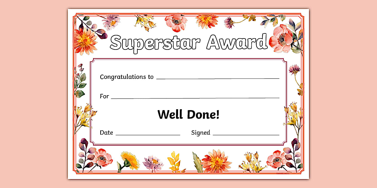 Wildflower Botanical Themed Editable Superstar Certificate