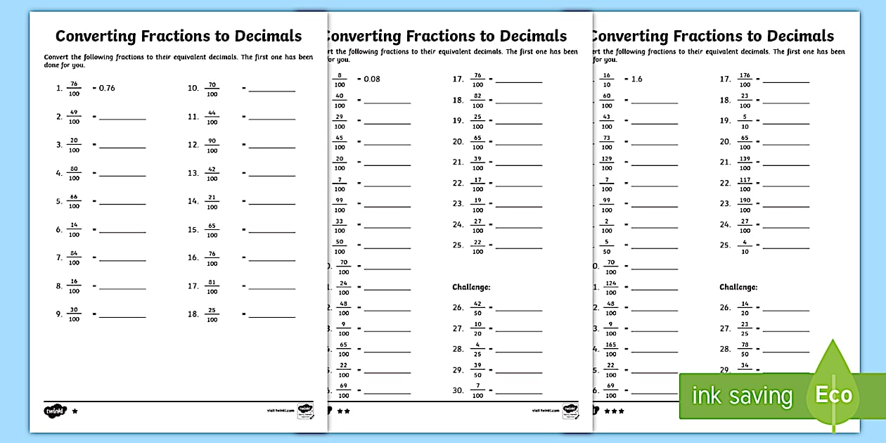 Converting Fractions to Decimals Differentiated Worksheets
