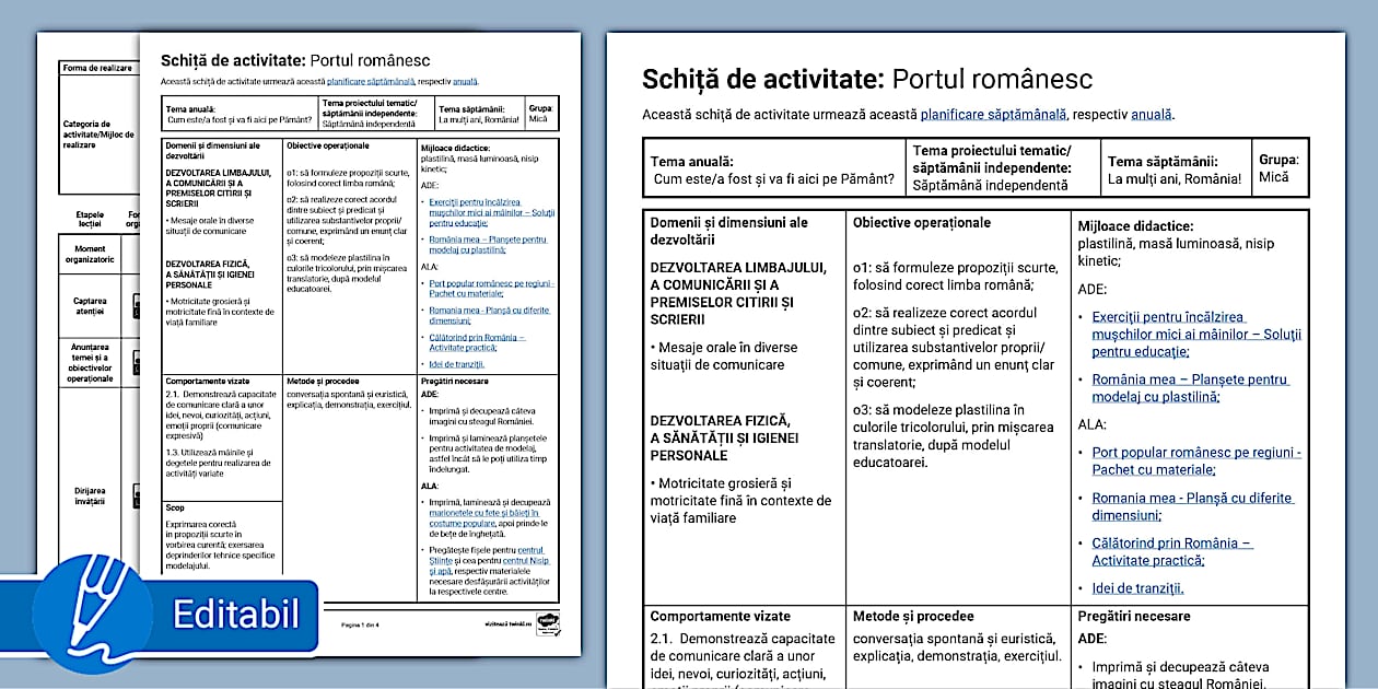Portul românesc – Schiță de activitate grupa mică