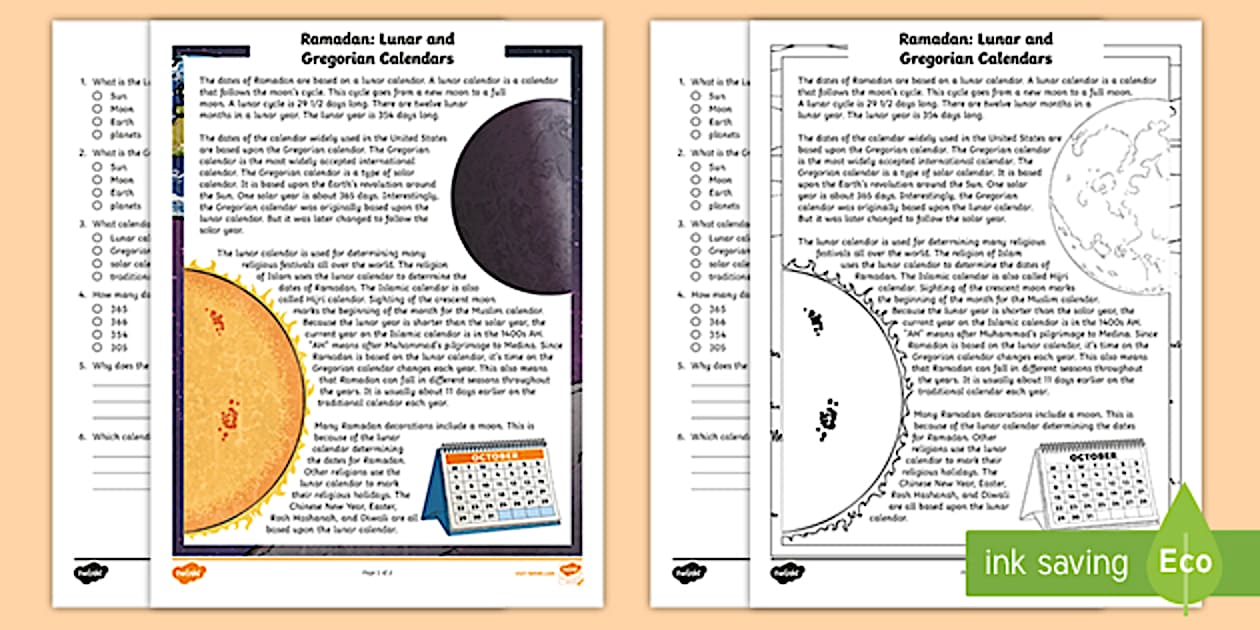 Fourth Grade Ramadan: Lunar and Gregorian Calendars Reading Comprehension