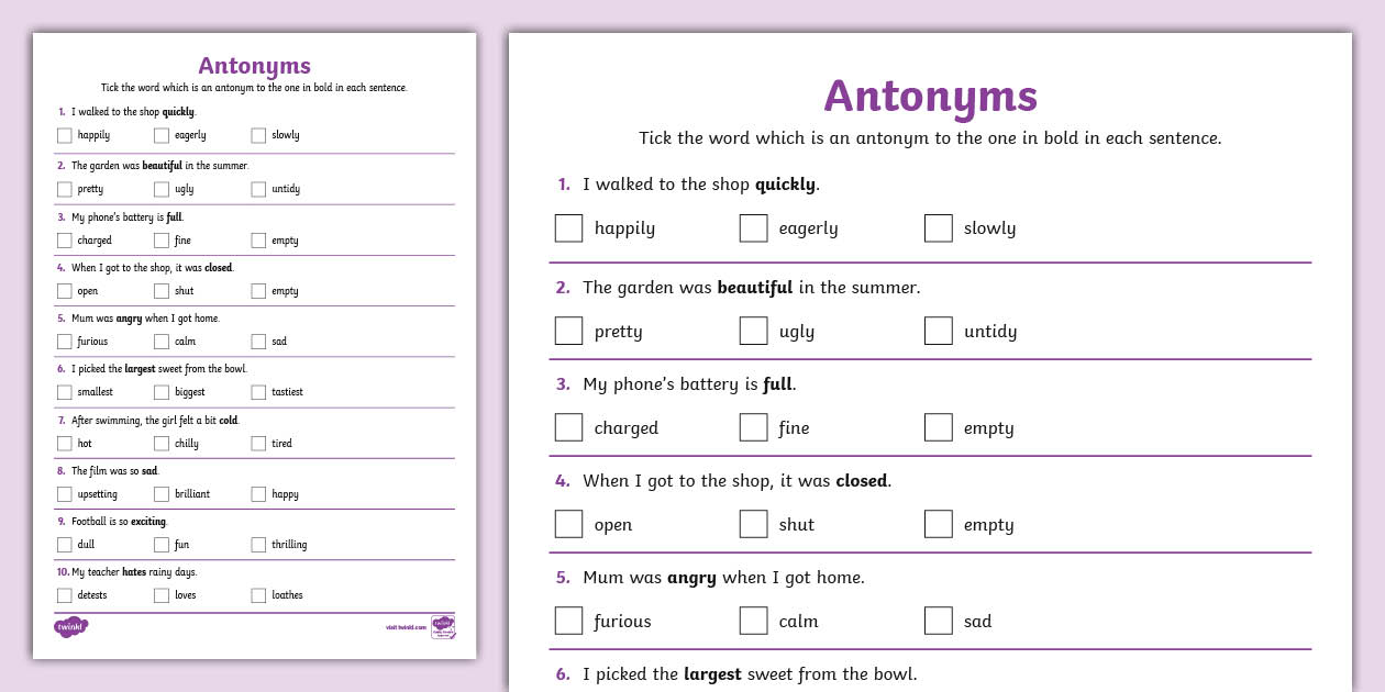 Antonyms Paper Quiz