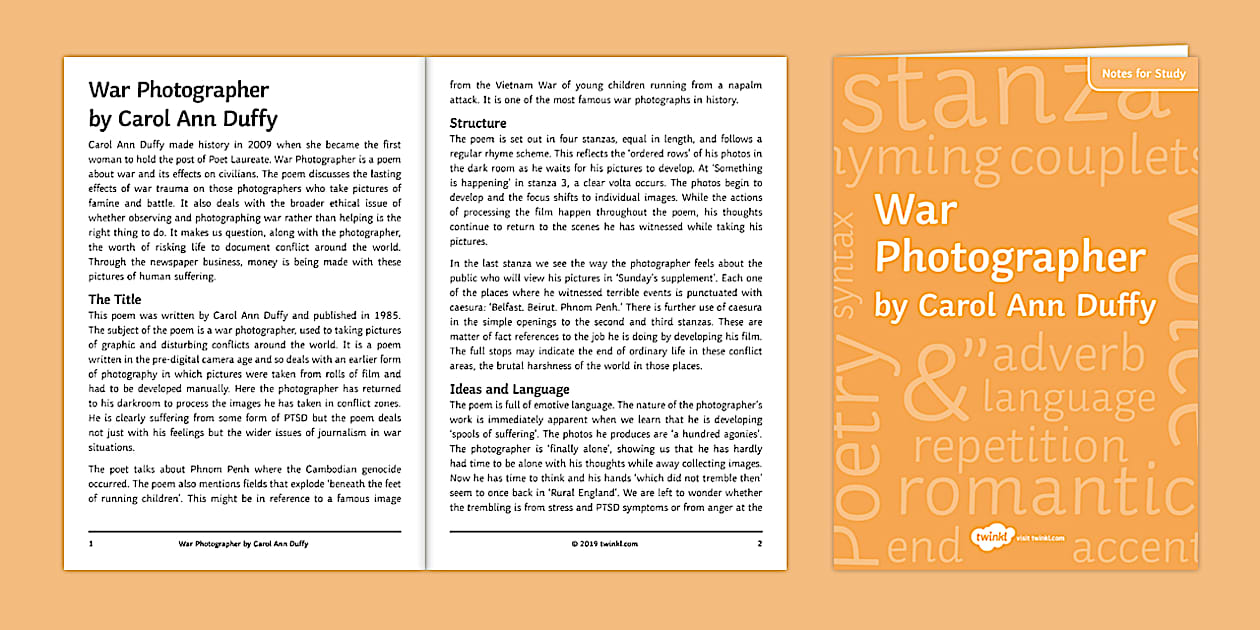 AQA Poetry: War Photographer - Revision Notes (teacher made)