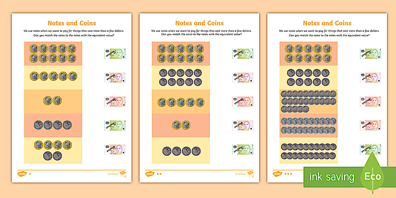 Notes and Coins Differentiated Worksheet / Worksheets