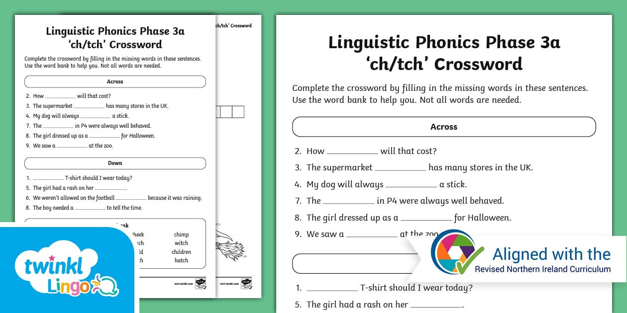 Linguistic Phonics Phase 3a 'ch/tch' Crossword