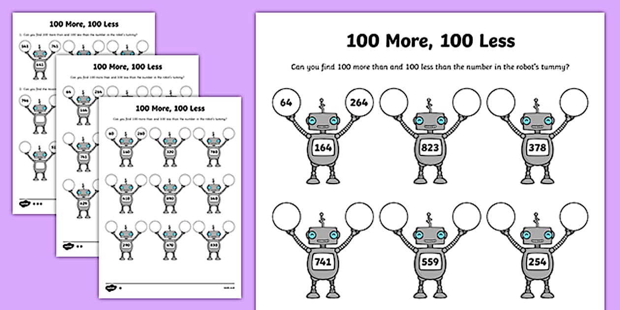 Lower Ability 100 More 100 Less Robots Worksheet - Twinkl