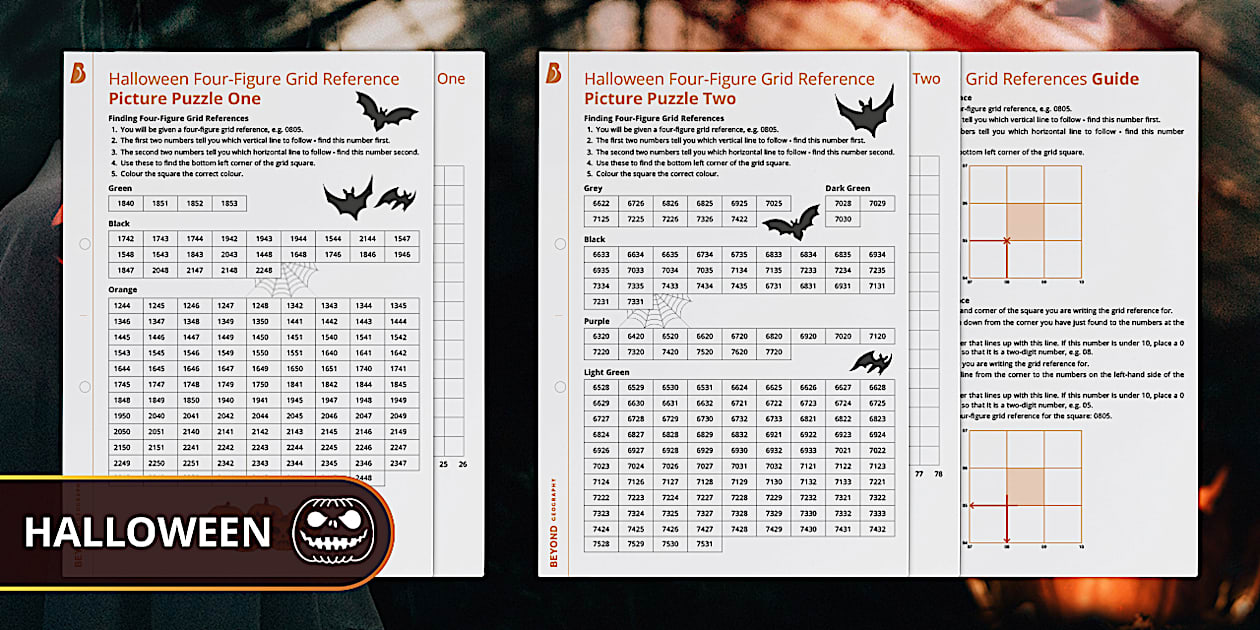 KS3 Halloween Four-Figure Grid Reference Picture Puzzles