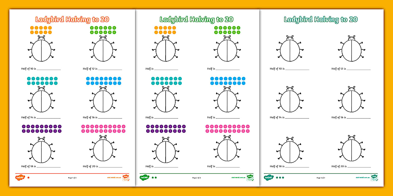 Differentiated Halving to 20 Ladybird Worksheets - Twinkl