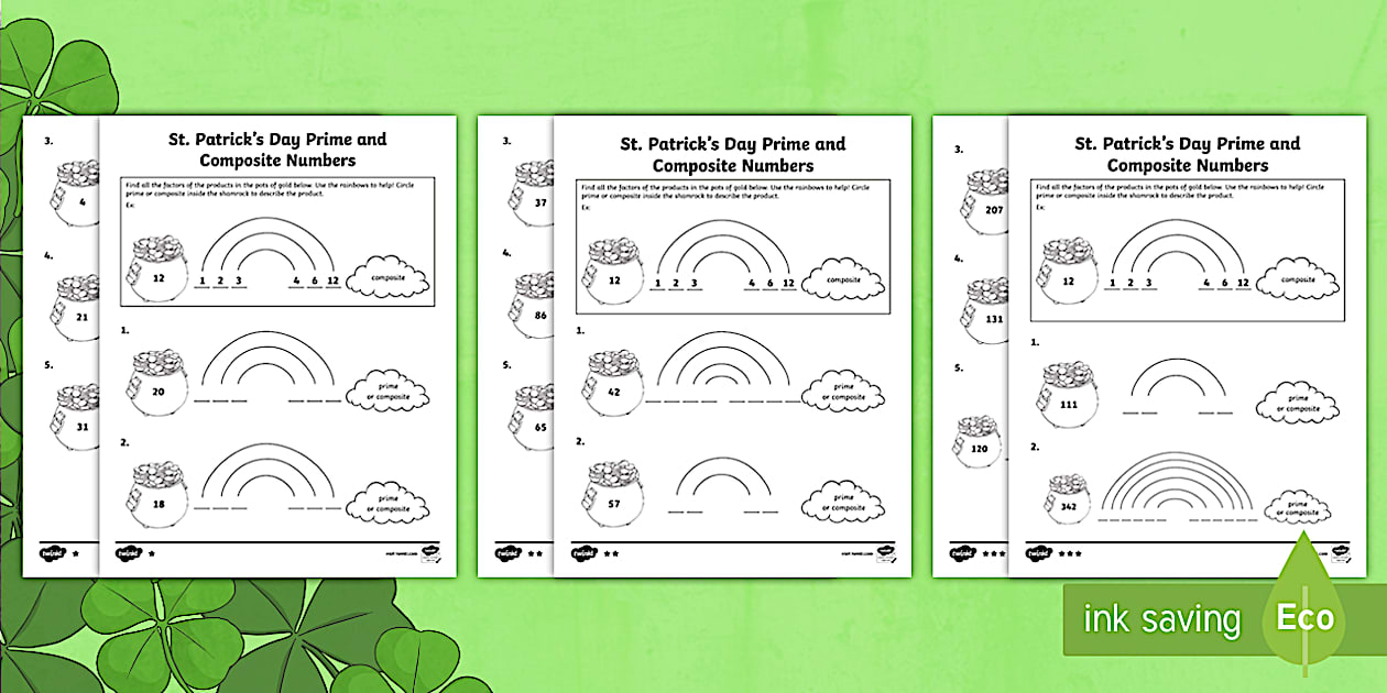 St. Patrick's Day Prime and Composite Numbers Worksheet for 3rd-5th Grade