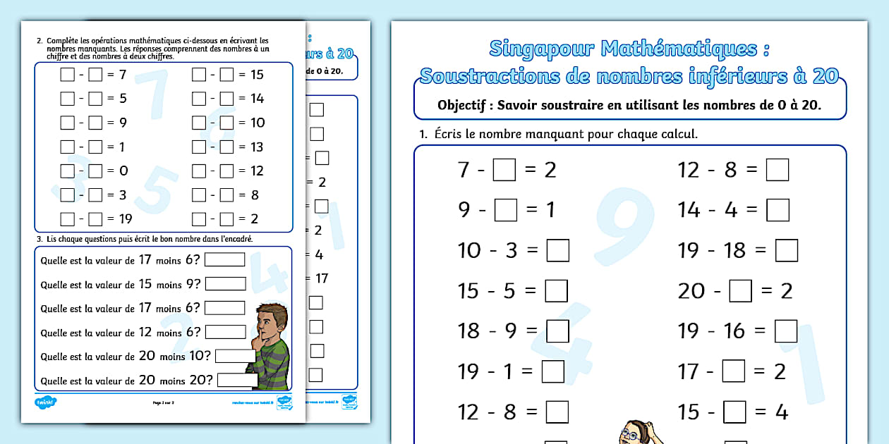 Singapour Mathématiques : Soustractions de nombres inférieurs à 20