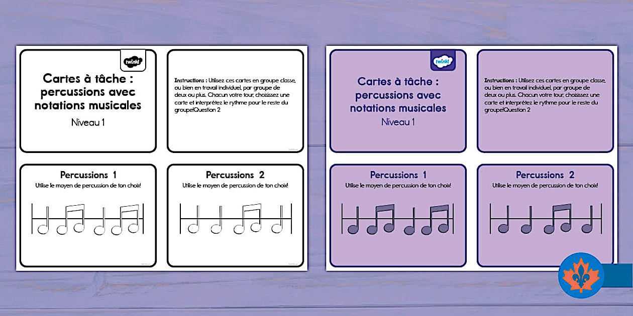 Percussion Challenge Cards with Musical Notations French