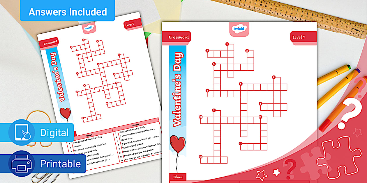 Valentine's Day Crossword Puzzle - L1 - Twinkl Puzzled