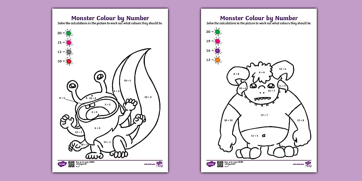 Monsters Colour by Number Addition up to 20 Worksheet