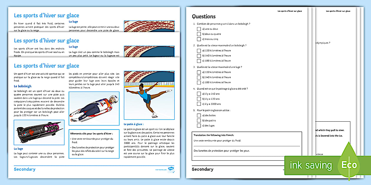 Winter Olympics Differentiated Reading Comprehension Activity French