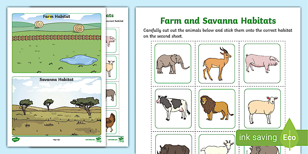 Farm and Savanna Habitats Animal Sorting Activity Sheet, farm, farm ...