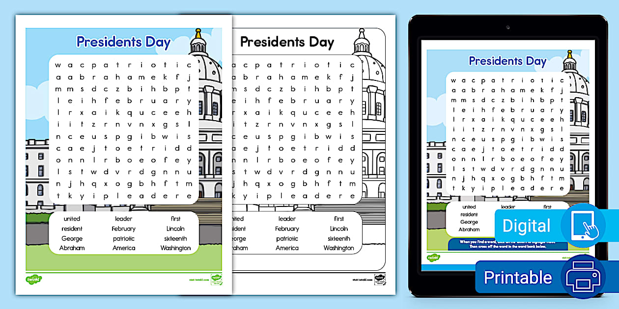 Presidents Day Word Search | K-2 Activity | Twinkl