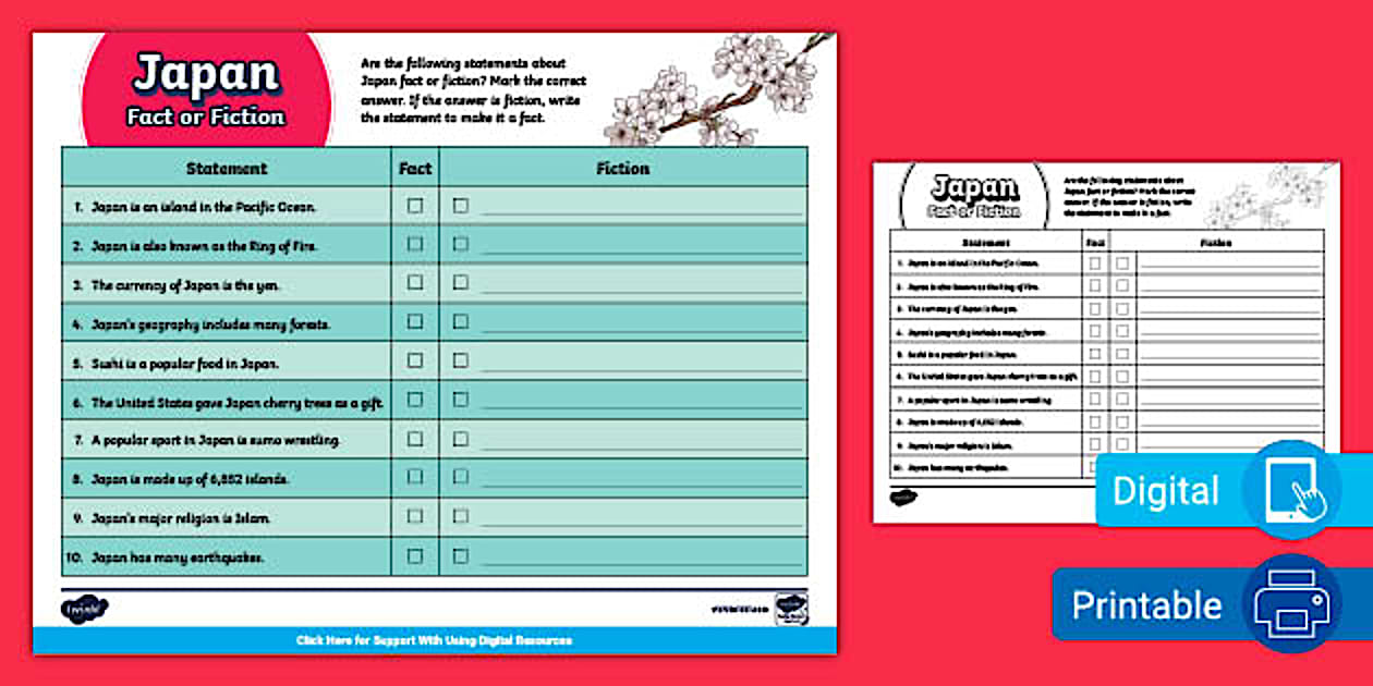 Japan Fact or Fiction Worksheet (Teacher-Made) - Twinkl