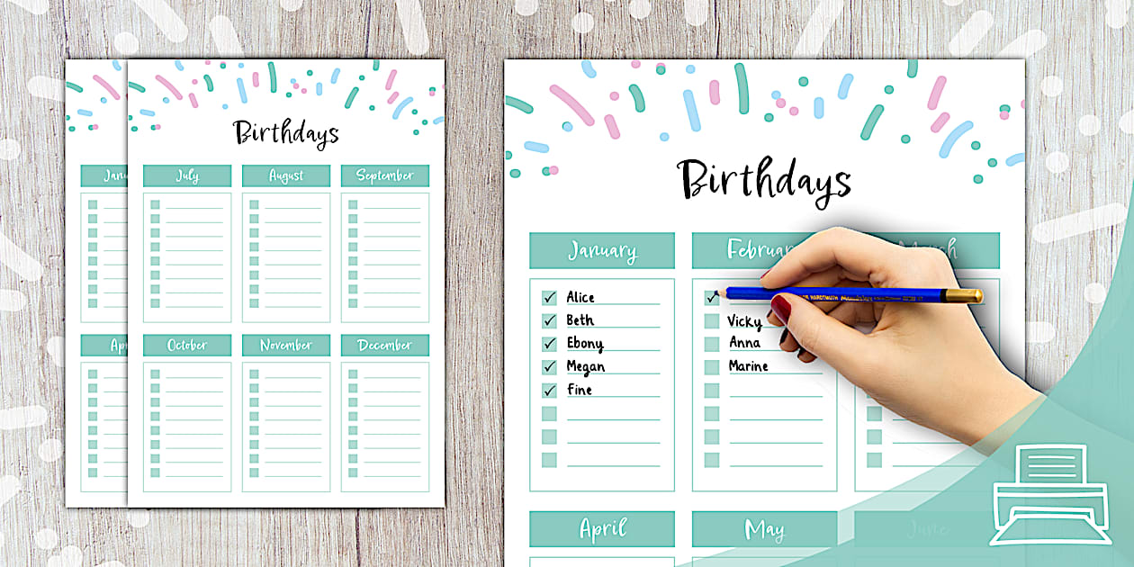 Confetti Themed Birthdays Tracker (teacher made) - Twinkl