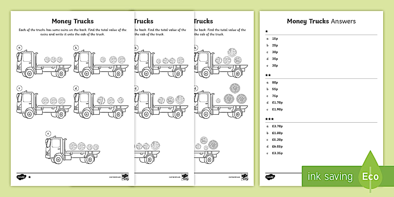 Cursive Money Trucks Differentiated Worksheets - Twinkl