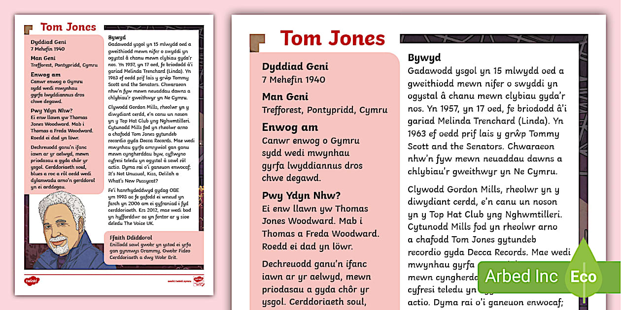 Ffeil Ffeithiau Tom Jones (teacher made) - Twinkl